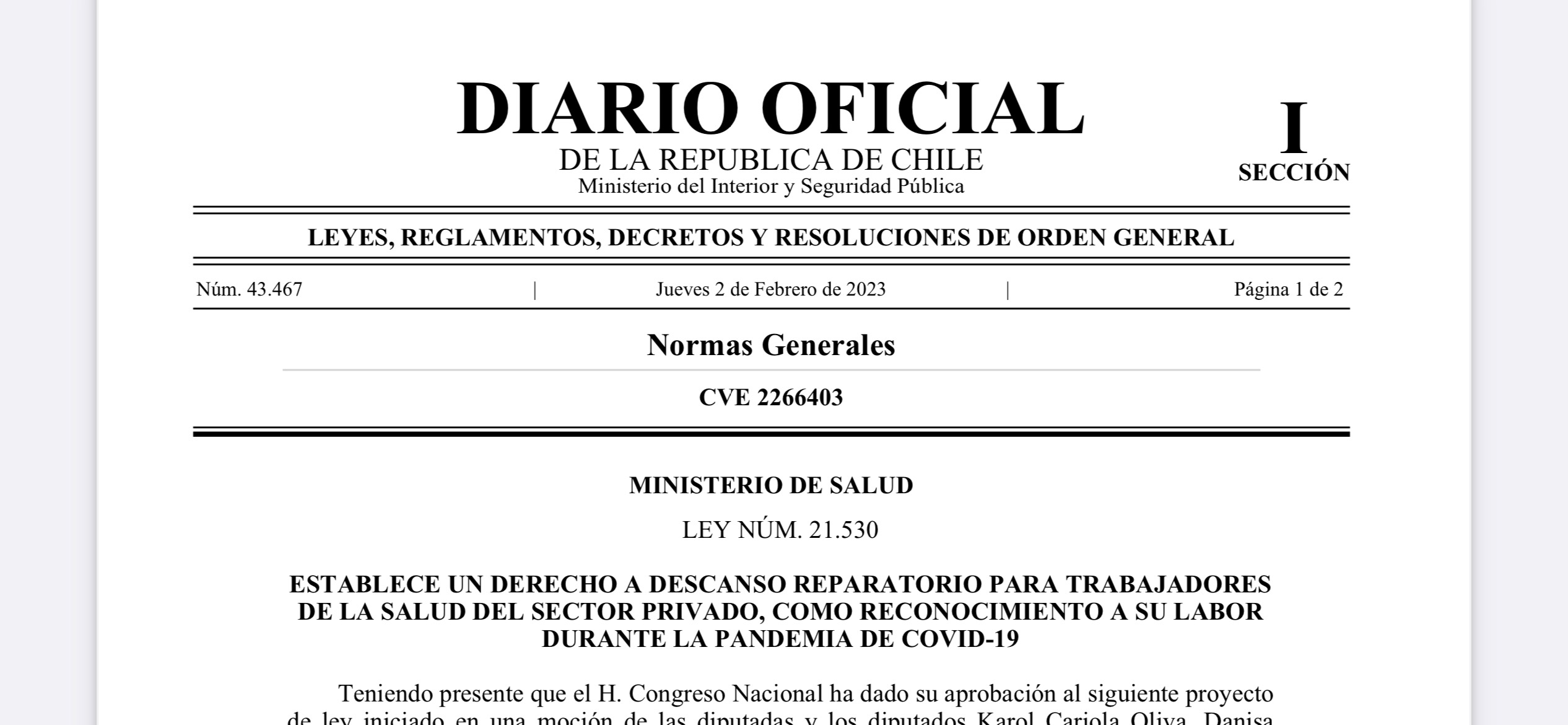 Se publicó Ley que otorga un descanso reparatorio para las y los funcionarios de salud del ...