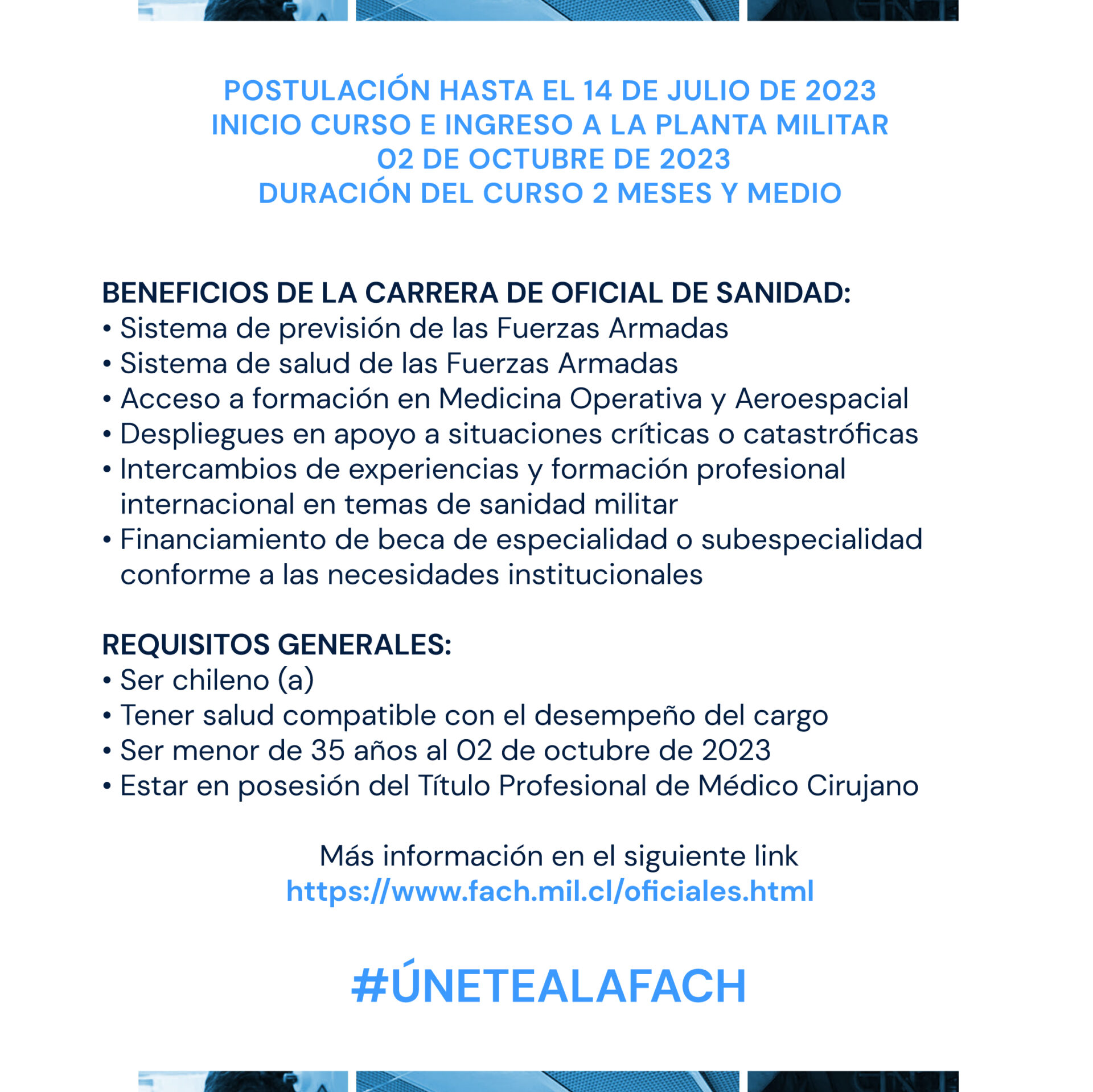 Se inició proceso de postulación al Curso de Oficiales de los Servicios FACH dirigida a médicos ...
